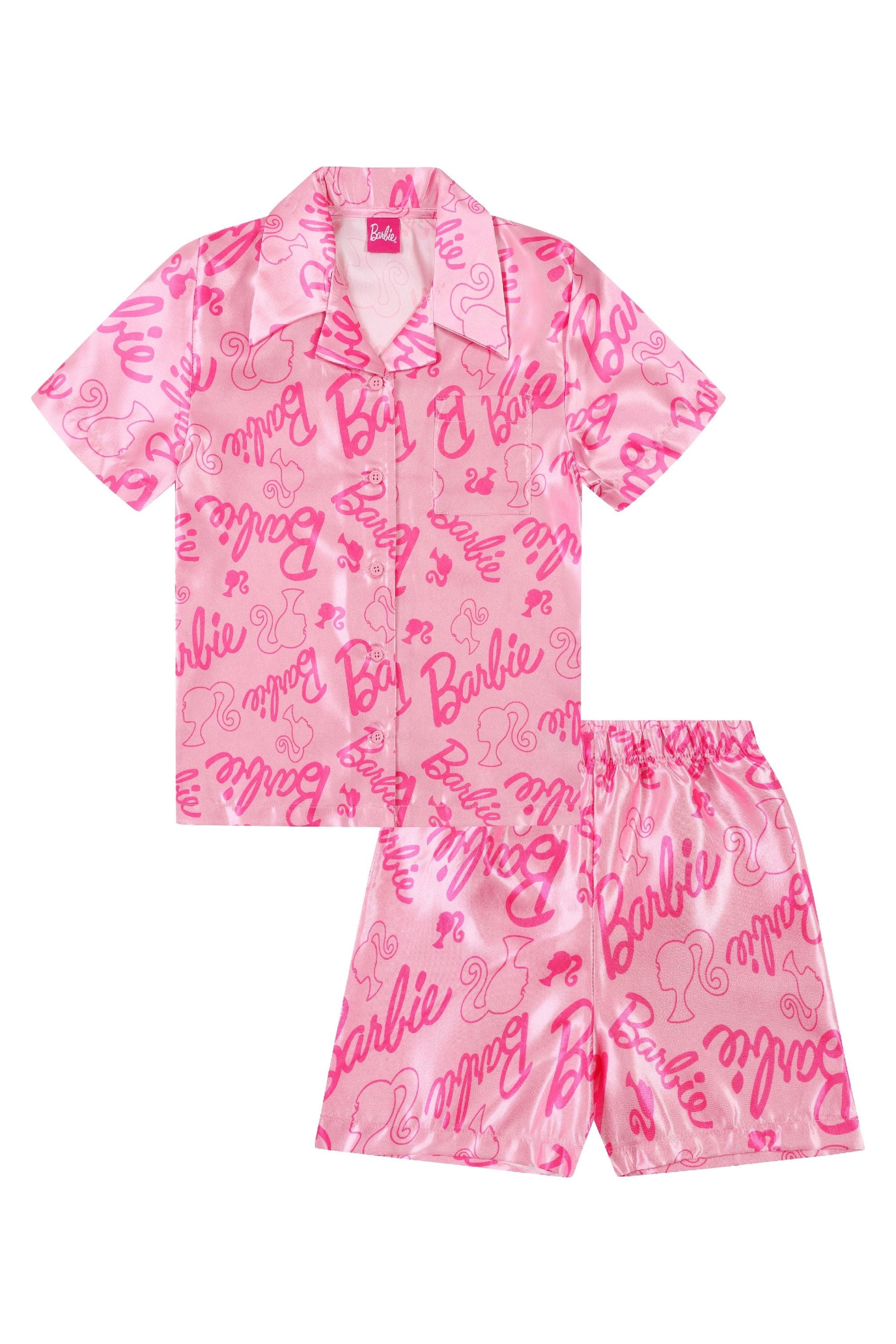 Girls Barbie Pyjamas Pink Satin Short PJs