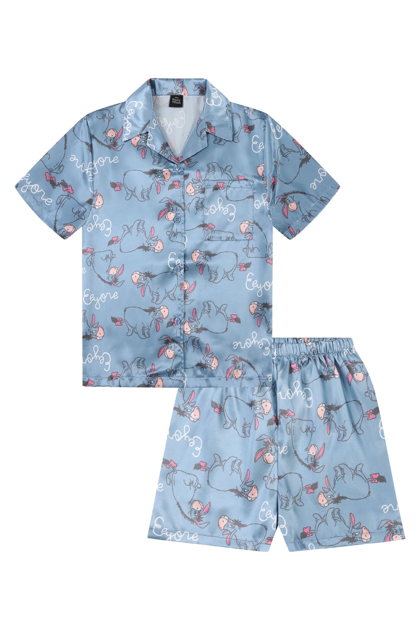 Womens Disney Eeyore Pyjamas Blue Satin Short PJs