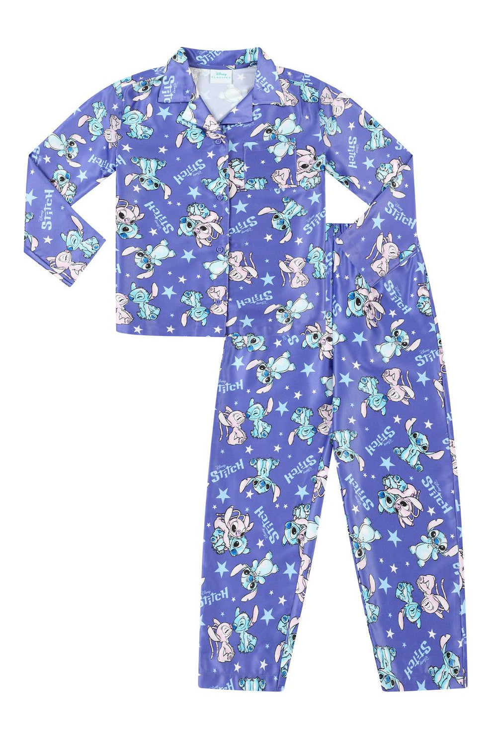 Girls Disney Stitch And Angel Pyjamas Purple Satin Long PJs