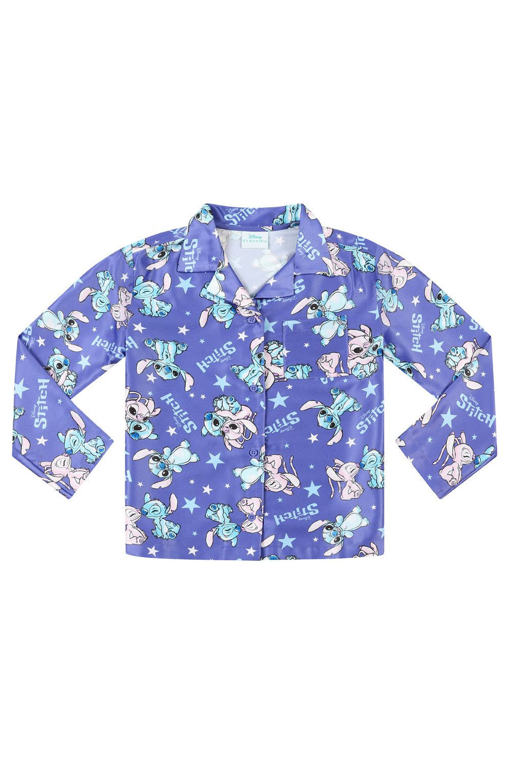 Girls Disney Stitch And Angel Pyjamas Purple Satin Long PJs