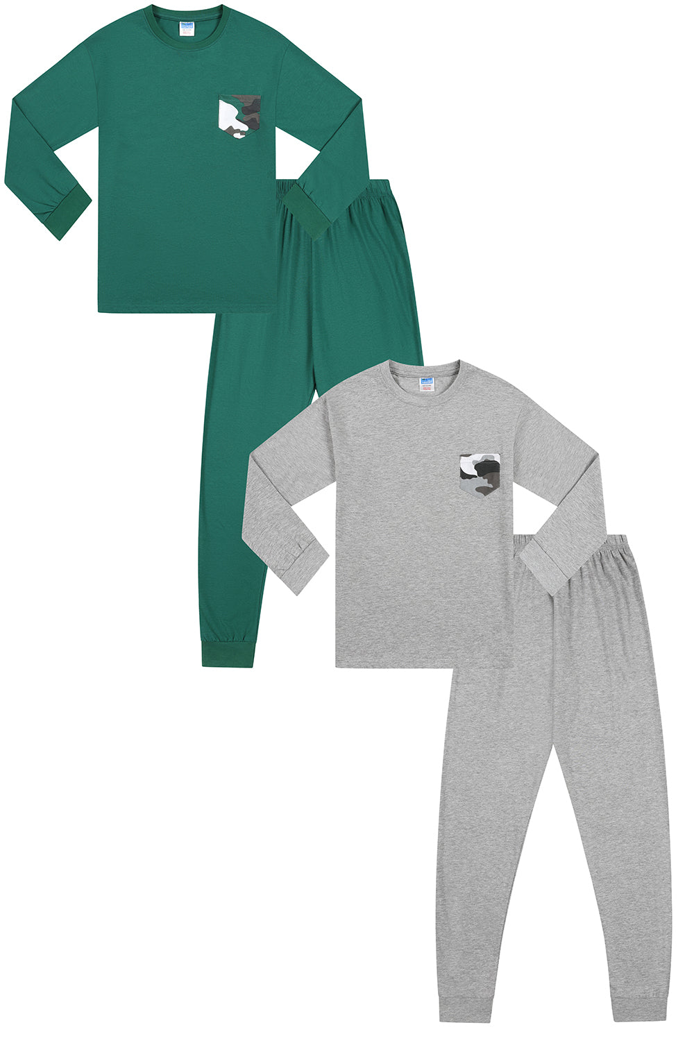 Boys Camouflage Long Green Grey 2 Pack Pyjamas PJs For Kids