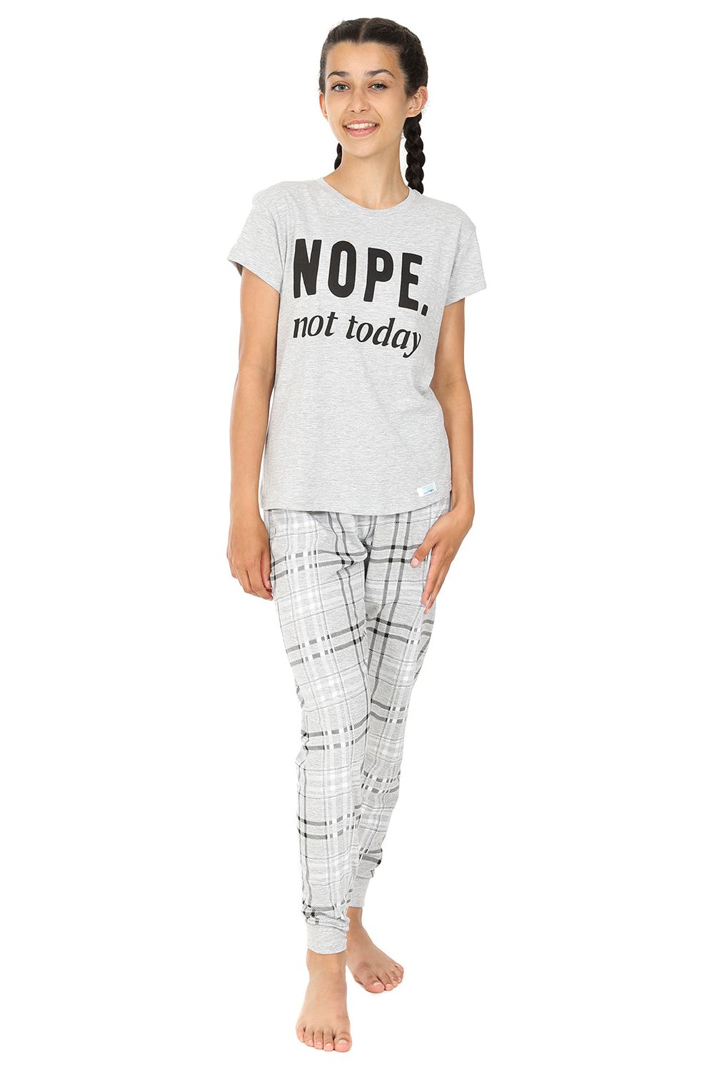 Girls Cheeky Nope Not Today Pyjamas Grey Check Long PJs
