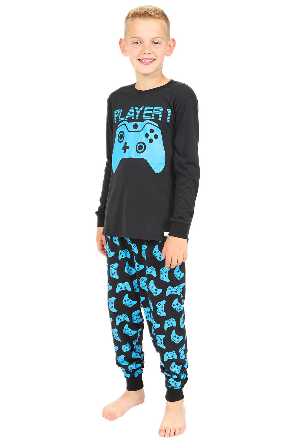 Boys Player 1 Gaming Controller Pyjamas Black and Blue Long PJs