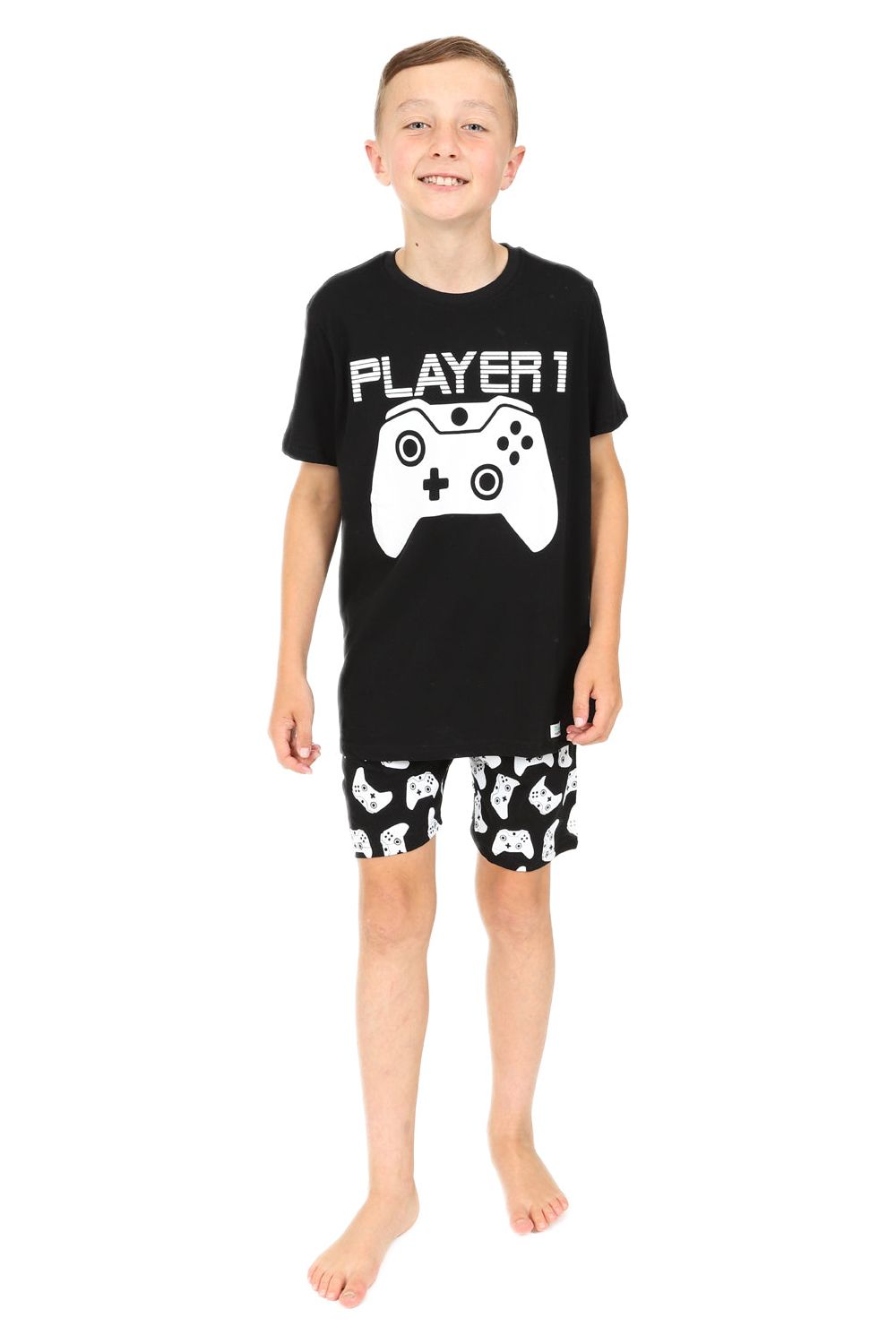 Boys Player 1 Gaming Controller Pyjamas Black and White Short PJs