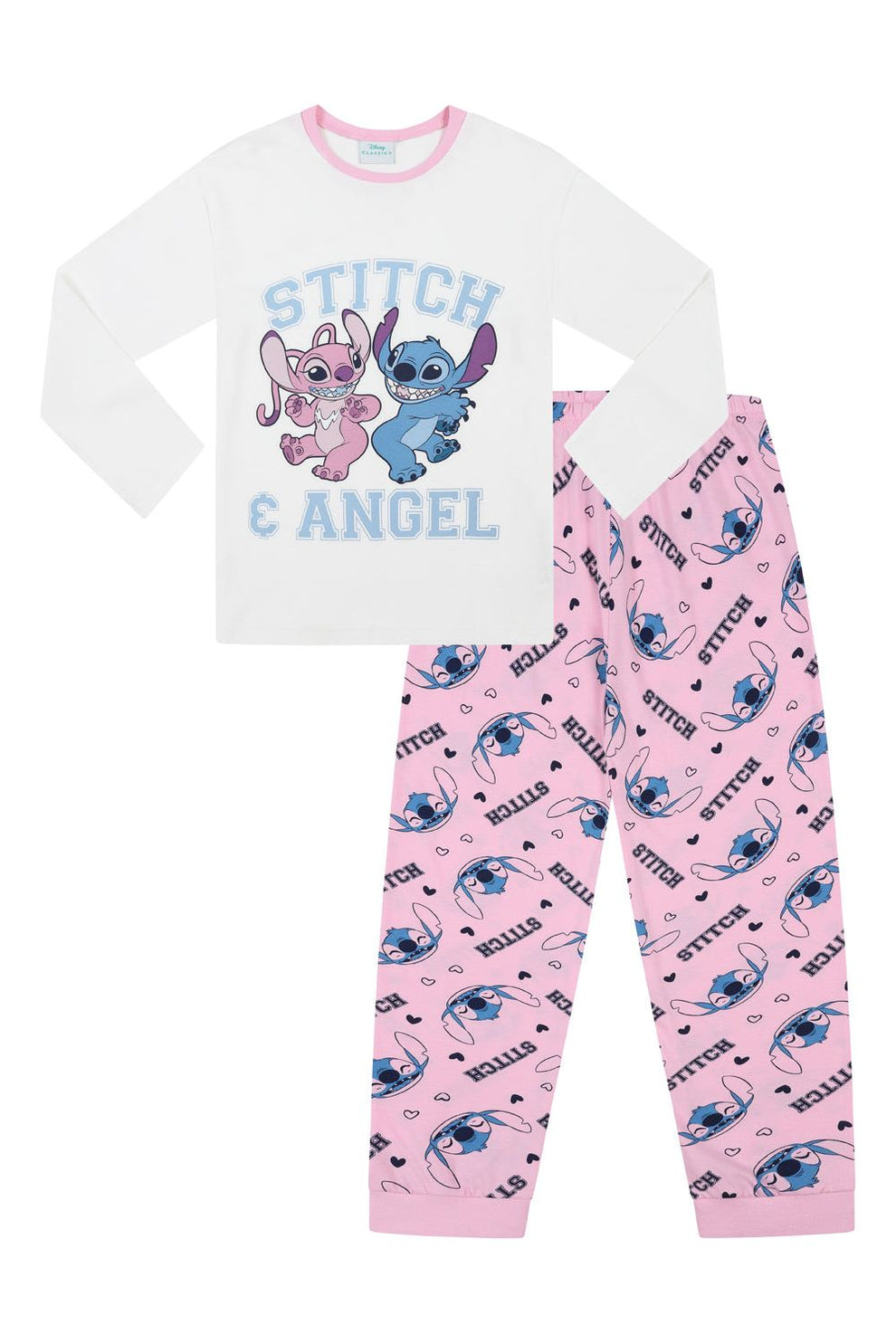 Girls Disney Lilo And Stitch Angel Pyjamas Pink and White Long PJs