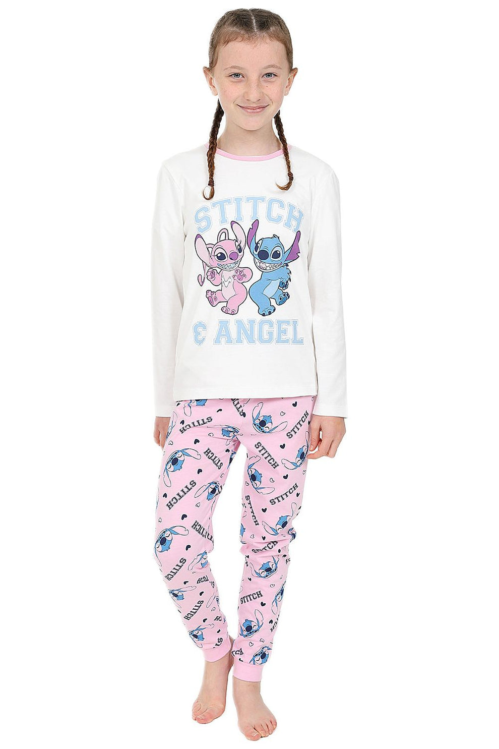 Girls Disney Lilo And Stitch Angel Pyjamas Pink and White Long PJs