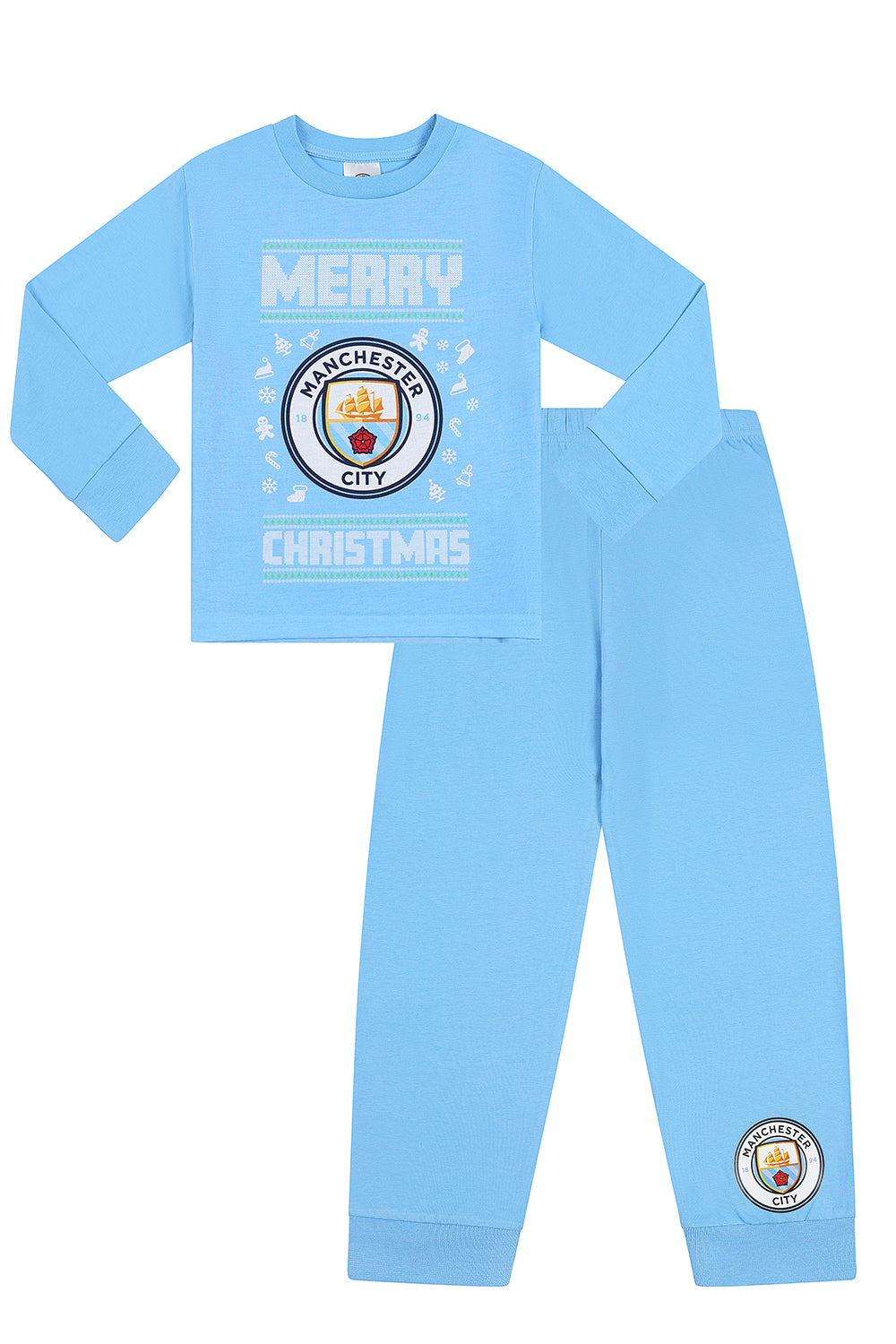 Boys Manchester City Merry Christmas Pyjamas Blue Long PJs