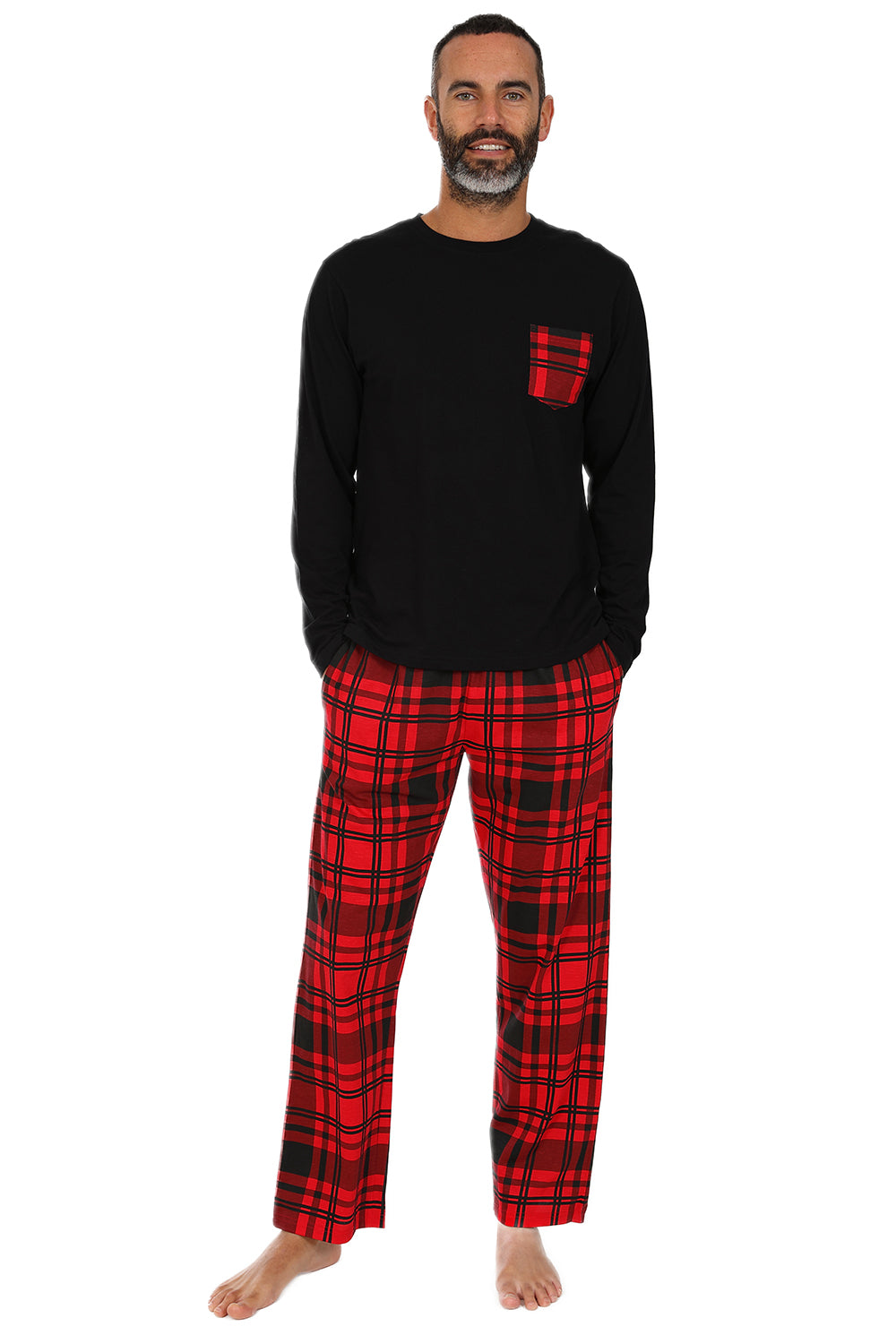 Mens Check Pyjamas Black And Red Long PJs