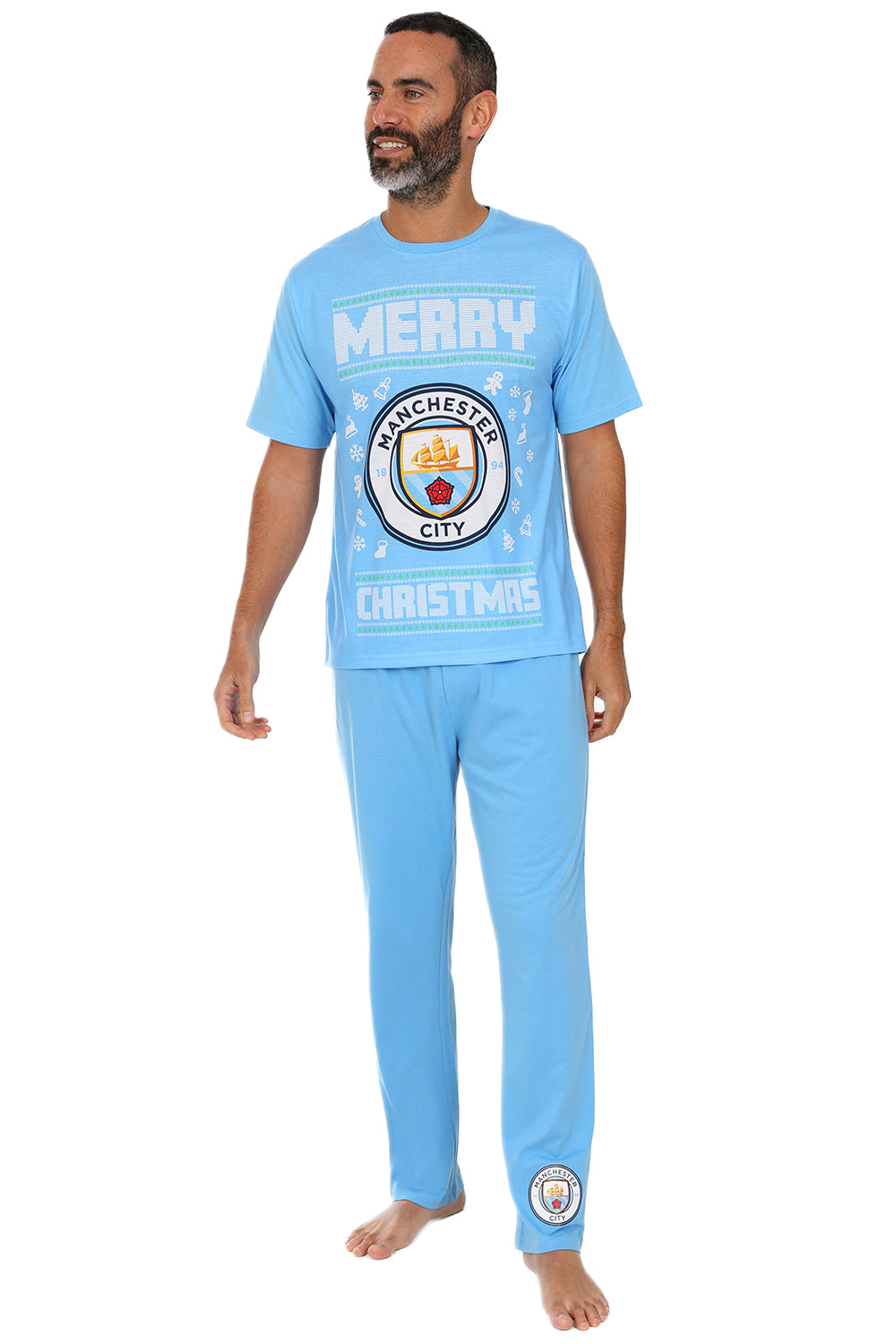 Mens Manchester City Merry Christmas Pyjamas Blue Long PJs