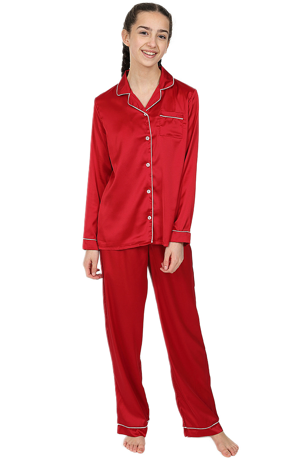Girls Red Satin Pyjamas Two Piece Long PJs