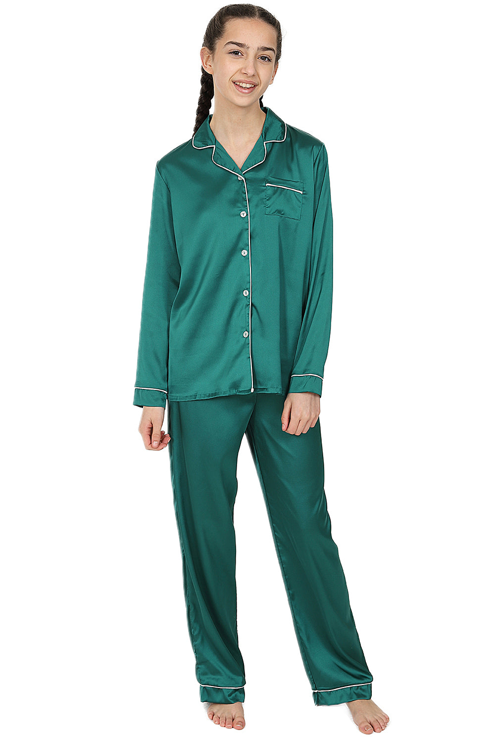 Girls Green Satin Pyjamas Two Piece Long PJs