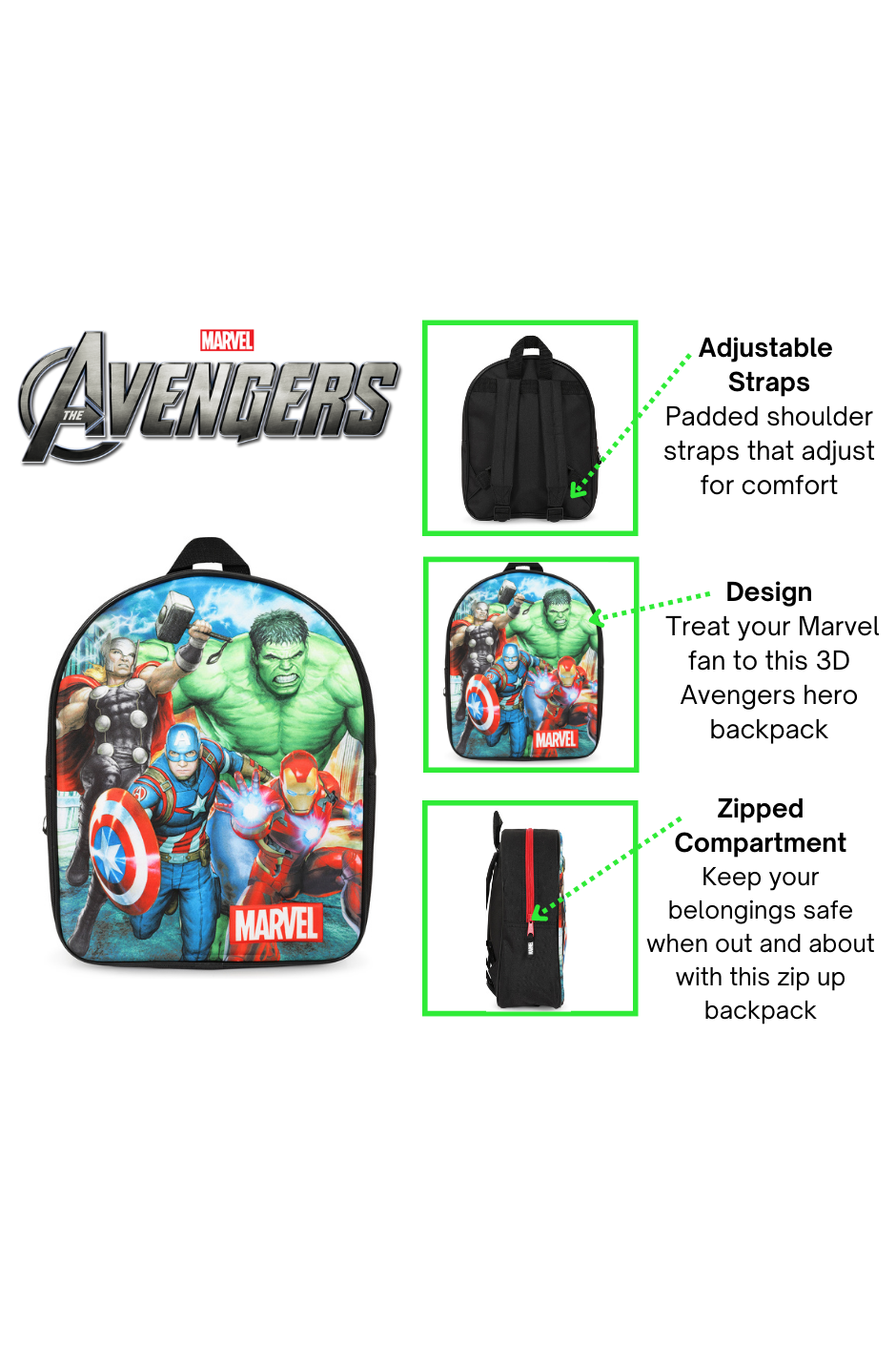 Boys Official Marvel Avengers 3D Backpack Iron Man Hulk Thor Captain A
