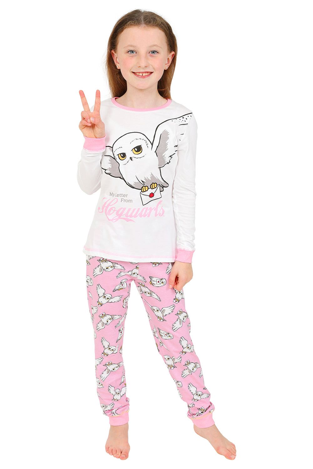 Girls Harry Potter Hedwig My Letter Hogwarts Pyjamas White and Pink Lo